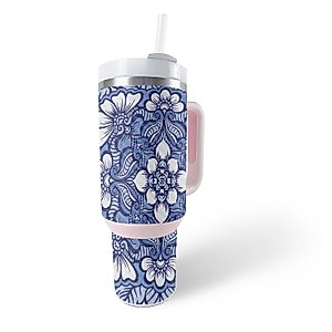 MightySkins Carbon Fiber Skin Compatible with Stanley The Quencher H2.0 FlowState 40 Oz Tumbler - Flower Mandala | Protective, Durable Textured Carbon Fiber Finish | Easy to Apply