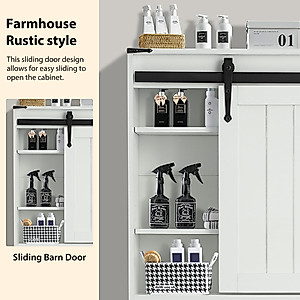 YOCONYO Over The Toilet Storage Cabinet, Farmhouse Over Toilet Cabinet Included Sliding Barn Door,Toilet Paper Holder Stand and Adjustable Bottom Bar, Freestanding Toilet Rack for Bathroom,White