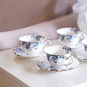 Jomop Ceramic Tea Cups Coffee Cup and Saucers Set of 4 (Blue and White)