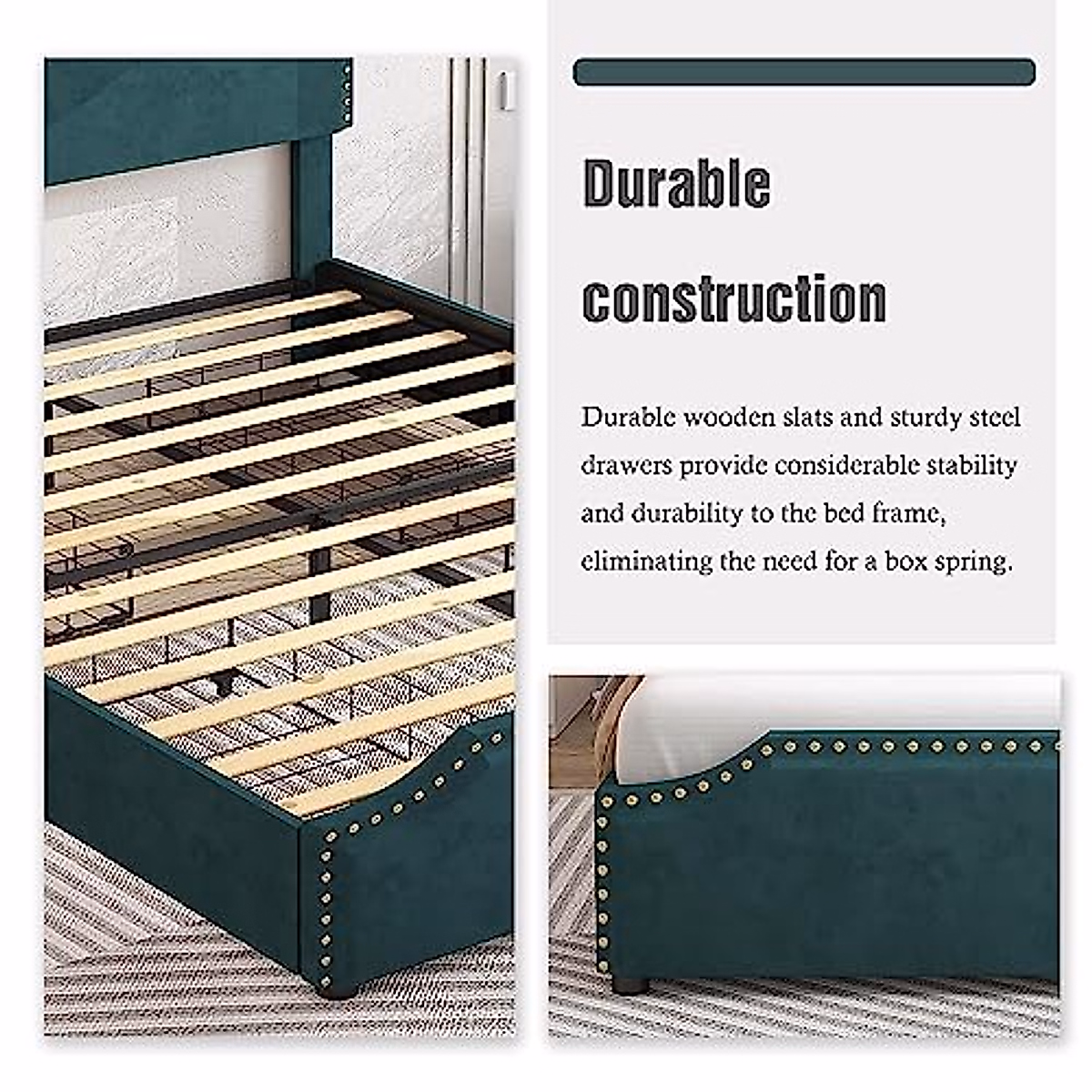bzbbzc Queen Size Velvet Upholstered Platform Bed Frame with 4 Storage Drawers and Headboard, Rivet Curved Adjustable Headboard/Strong Wooden Slats/Easy Assembly/Green