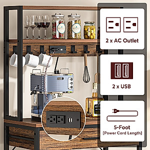 Tribesigns Kitchen Bakers Rack with Power Outlets, 5-Tier Microwave Oven Stand with Drawer and Sliding Shelves, Freestanding Coffee Bar, Kitchen Storage Shelf with 6 Hooks, Rustic Brown