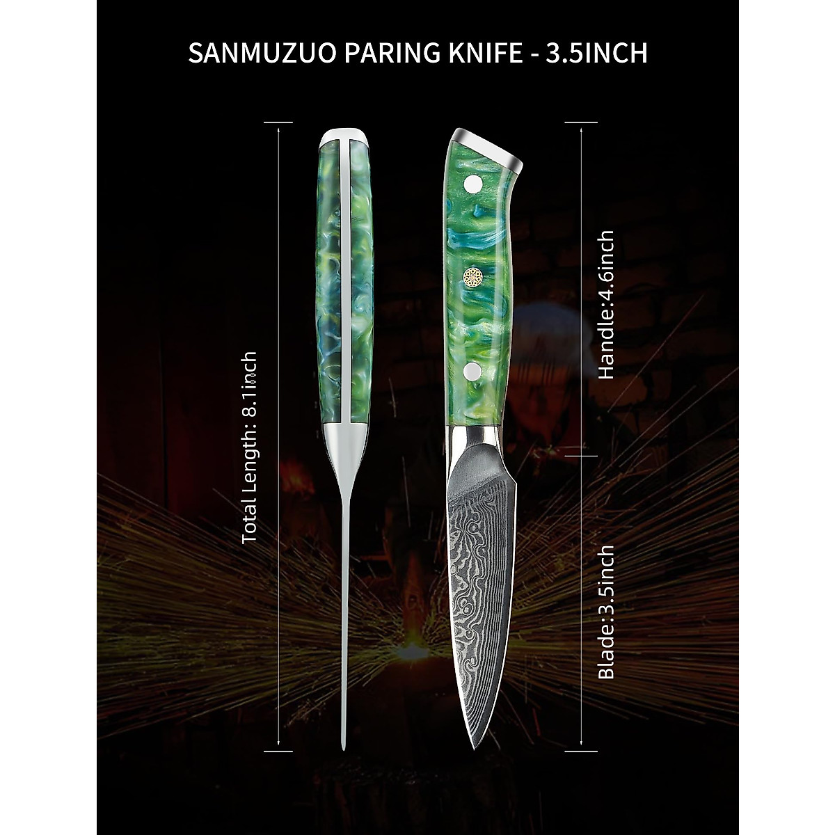 SANMUZUO 3.5 Inch Paring Knife - Kitchen Fruit Vegetable Knife Damascus Steel & Resin Handle - XUAN Series (Jade Green)