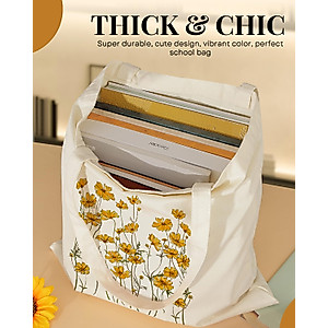 AUSVKAI Canvas Tote Bag Aesthetic for Women, Cute Yellow Flower Reusable Cloth Cotton Bags for Shopping School Beach Trendy Gifts