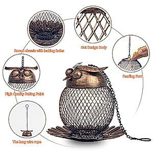 Cinlitek Outdoor Garden Wild Bird Feeder Hanging Bird Feeders, Heavy Duty Copper Metal Mesh Wild Finch Bird Feeder for Outside with Hook for Garden Yard Decor, Owl Shaped