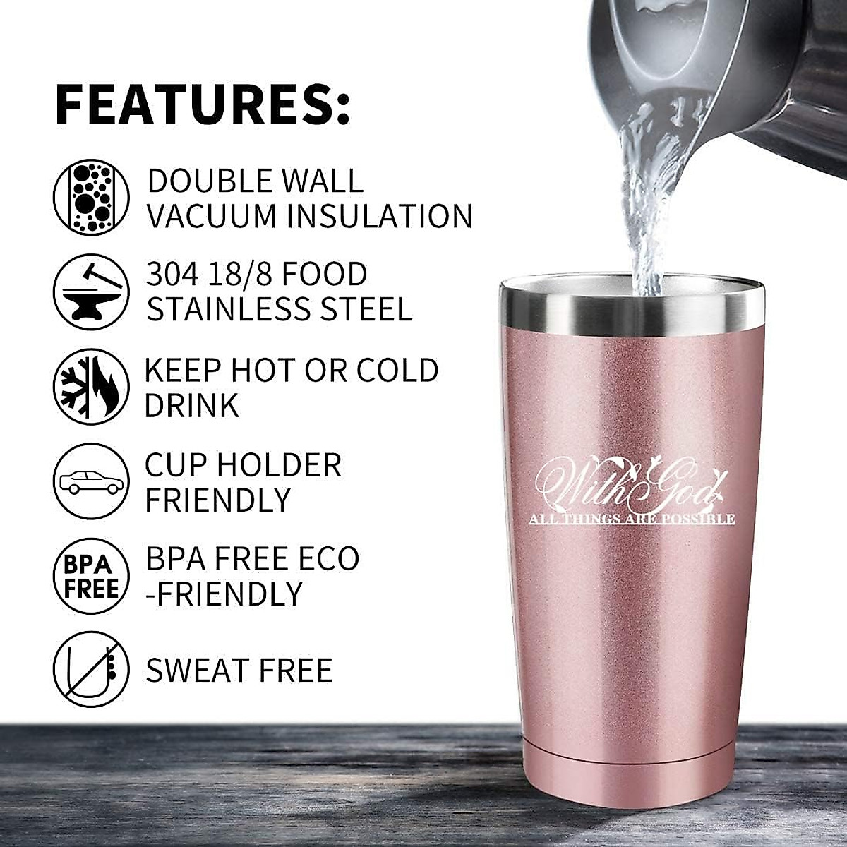ATHAND With God All Things Are Possible Inspirational Tumblers with Lid & Straw 20 Oz | Insulated Stainless Steel Vacuum Wine Tumbler Coffee Mug | Best Christian Religious Gifts For Women (Rose Gold)
