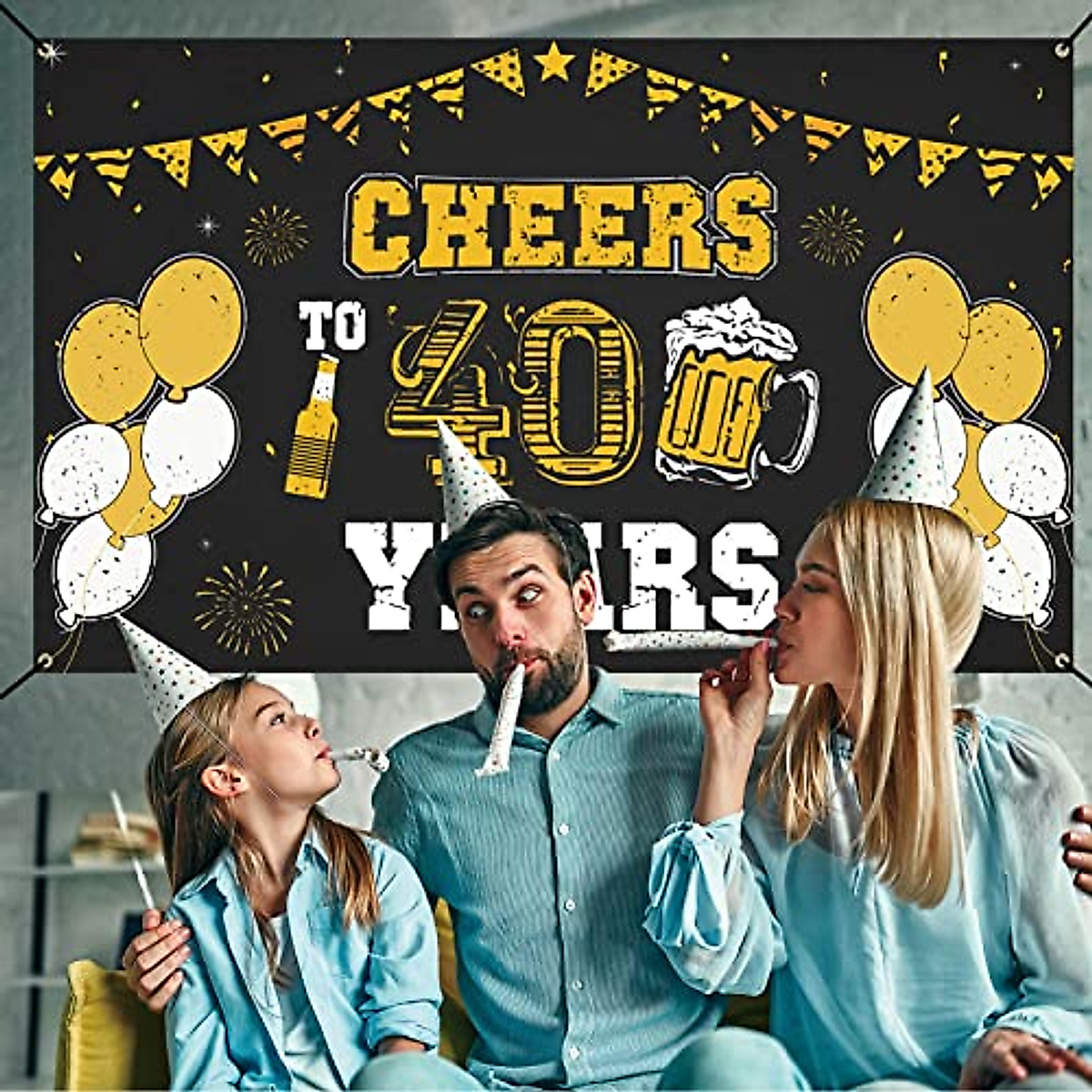 DARUNAXY 40th Birthday Black Gold Party Decorations, Cheers to 40 Years Banner for Men 40 Year Old Birthday Party Supplies, Large Fabric 40 Birthday Backdrop Photography Background for Women