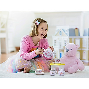 Porcelain Tea Set for Girls - Pink Ceramic Tea Cups with Pink Box - Tea Glass Toy for Kids Tea Party - Ideal Gift for Toddlers and Children's Ages 3 Years Old - Floral Design, 13 Pieces