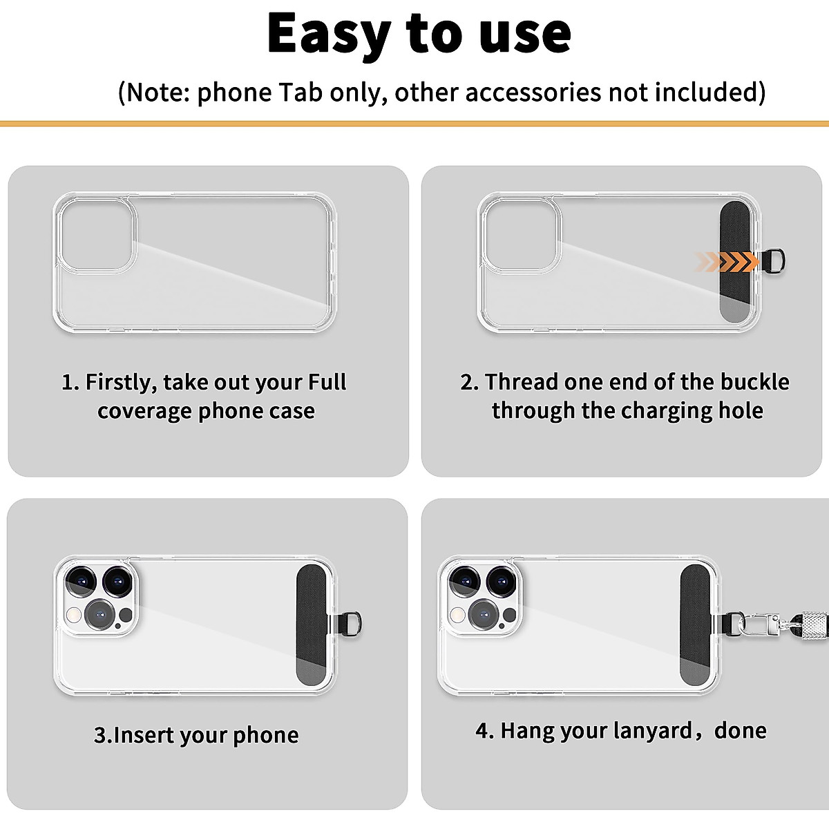 TACOMEGE Phone Tether Tab for iPhone, Cell Phone Lanyard Patch, Phone Strap Replacement Part for All Full Phone Cases (Black)