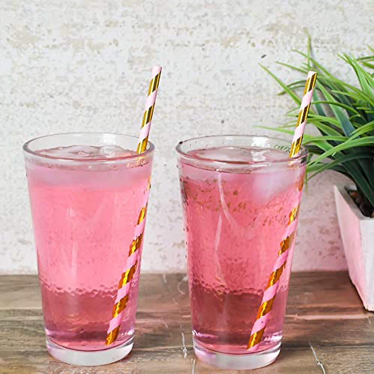 KEDON Pink Gold Paper Straws 100, Disposable Cake Pop Sticks Metallic Gold Striped Star Decorative Pink Straws for Drinking Cocktail Bachelorette Wedding Crafts Baby Bridal Shower Gender Reveal