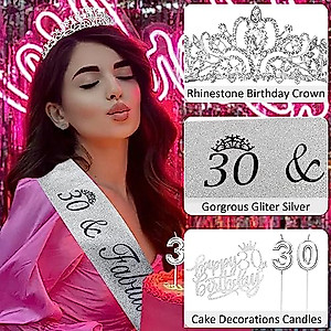 Hapdoo 30th Birthday Decorations women, Including 30th Birthday Rhinestone Crown Tiara, 30&Fabulous Sash with Pearl Pin, Happy Birthday Cake Topper and Number Candles, 30th Birthday Gifts for women, Silver