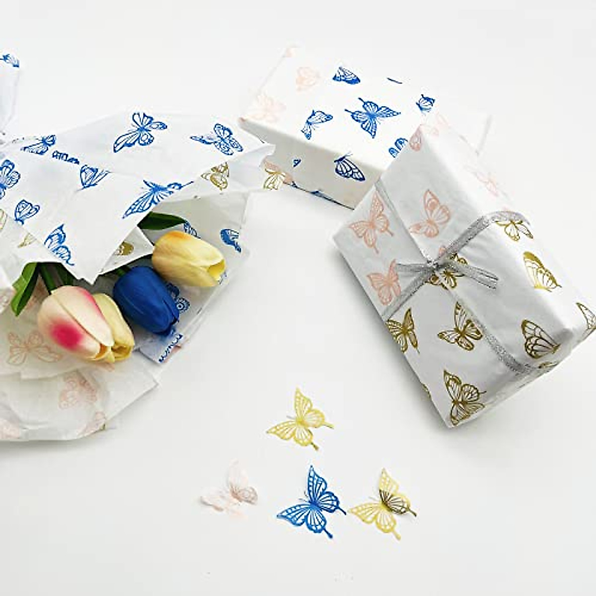 TTLLQQ 60Pcs 20x26inch Gold Rose Gold Pearl Blue Butterfly Tissue Paper Sheets, Gold Wrapping Tissue Paper Bulk for Packaging for Christmas Wedding Birthday Party Baby Showers DIY Crafts Arts