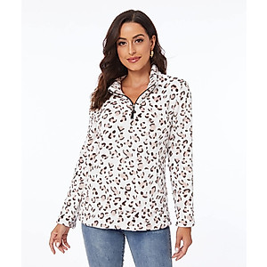 P&A Fashion Women's Long Sleeve Leopard Print Sweatshirt V Neck Quarter Zip Fleece Pullover Tops (XX-Large, White 1)