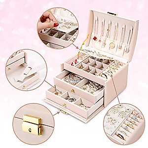 DEZZIE Women's Jewelry Box, Senior PU Leather, 3 Layer Medium Sized Jewelry Storage Box with Lock. Portable Travel Jewelry case for Earrings Bracelets Rings-Light pink