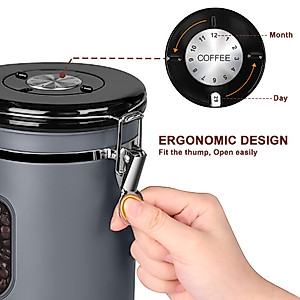 1800ML Airtight Coffee Canister with Date Tracker&Transparent Window, 22.8OZ Coffee Container with 30ML Measure Spoon&4 co2 Valve, Coffee Bean Storage Container for Grounds Coffee, Beans, Tea(Gray)