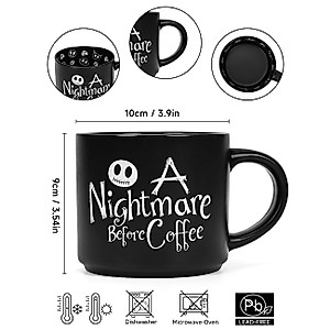 Cessfle Nightmare Before Coffee Christmas Mug, 14oz Ceramic Halloween Mugs, Jack Smile Face Skellington Mug, Spooky Halloween Themed Horror Movie Mug, Christmas Movie Cup