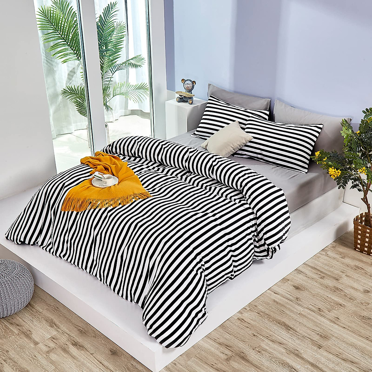 KAREVER White Black Stripes Duvet Cover Set Twin Cotton Striped Bedding Set Black White Vertical Striped Duvet Covers for Single Bed Twin White Black Striped Duvet Cover