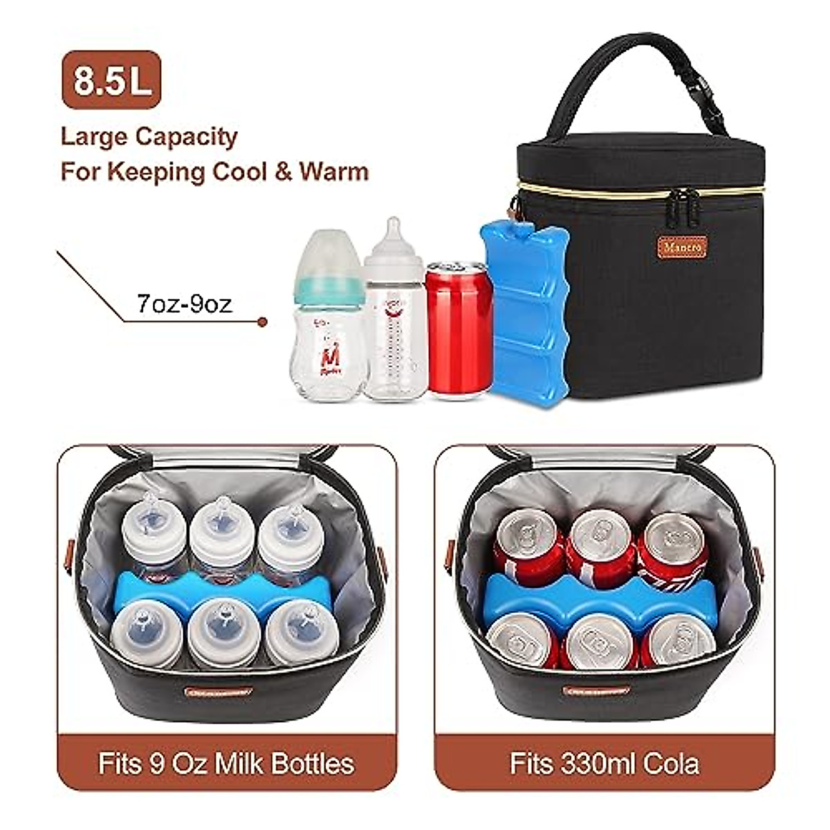 Breastmilk Cooler Bag with Ice Pack, Fits 6 Baby Bottles Up to 9 Ounce Insulated Baby Bottle Bag, Mancro Breast Milk Cooler on The go with Strap, Baby Bottle Cooler Bag for Nursing Mom Daycare, Black