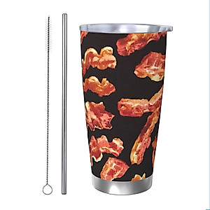 DITXIT Bacon printing 20oz Tumbler Stainless Steel Vacuum Insulated Coffee Travel Mug, Durable Insulated Coffee Travel Mug with Splash-Proof Lid Metal Straw and Brush Thermal Cup for Outdoor