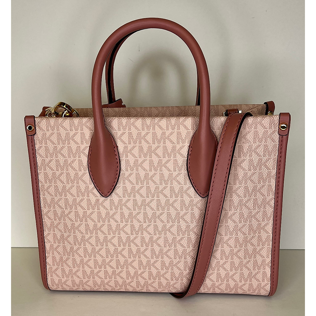Michael Kors Mirella Small Shopper Top Zip Bag bundled SM TZ Coinpouch Purse Hook (Pink MK Signature)