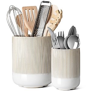 LE TAUCI Utensil Holder, 7.3"+5.4" Ceramic Kitchen Utensil Holder for Countertop, Large Cooking Utensil Crocks Gift for Mom, Boho Farmhouse Kitchen Decor, Set of 2, Reactive Glaze Arctic White