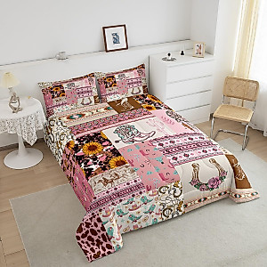 Erosebridal Western Bedding Pink Cowgirl Twin Comforter Set for Toddler Girls Cow Print Bedding Comforter Sets, Boho Cow Fur Western Style Duvet Set Farmhouse Horseshoe Pattern Quilt 2 Pieces
