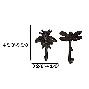 Ebros Set of 4 Cast Iron Vintage Rustic Fancy Bugs Bee Ladybug Butterfly and Dragonfly Wall Hooks Plaque Countryside Western Vintage Cottage Home Or Office Organization