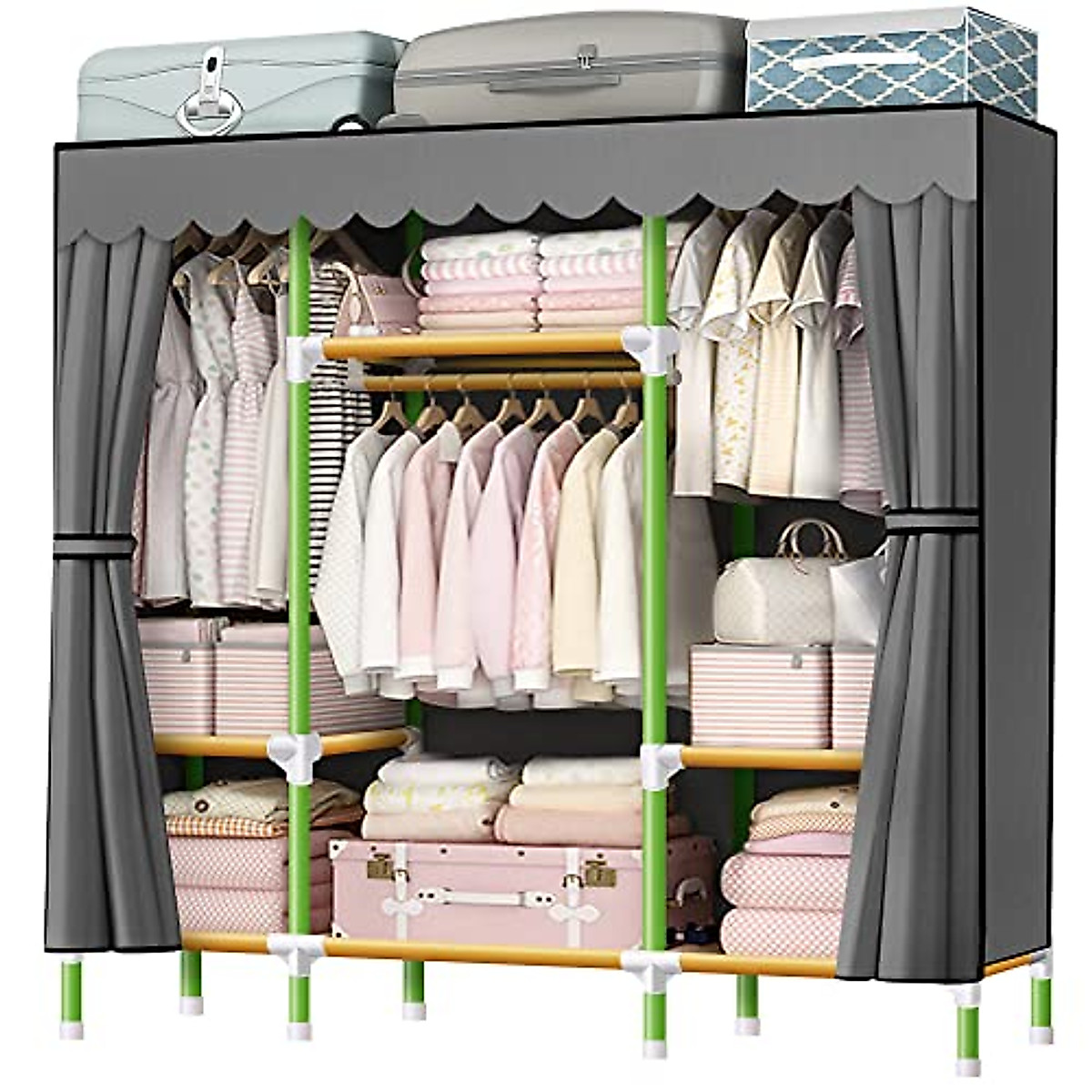YOUUD Portable Closet 57 Inch Wardrobe Closet Clothes Organizer with 3 Storage Shelves and 3 Hanging Rods, Cloth Closet of Colored Rods Grey Cover Quick and Easy to Assemble,Strong and Durable