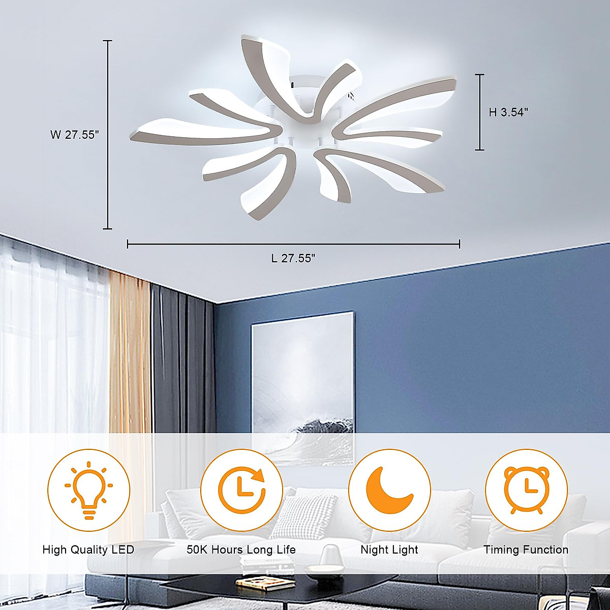 Goeco Modern Ceiling Light, 27.5'' Dimmable LED White Acrylic V-Shaped Flush Mount Ceiling Lights, 3000K/4000K/6500K with Remote Control Ceiling Light Fixture for Living Room, Dining Room, Bedroom