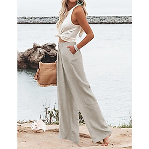 Hooever Womens Cotton Linen Pants Casual Button Up High Waisted Wide Leg Trousers(haki-XS) Khaki