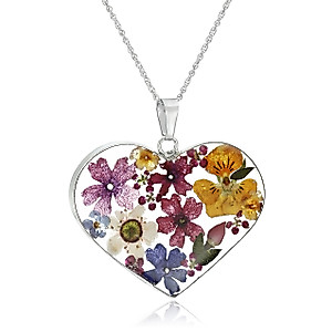Amazon Essentials Sterling Silver Multicolored Pressed-Flower Heart Pendant Necklace, 18" (previously Amazon Collection)