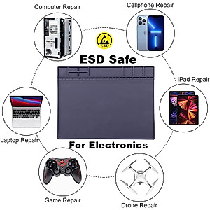 Anti-Static Mat ESD Safe for Electronic Includes ESD Wristband and Grounding Wire, HPFIX Silicone Soldering Repair Mat 932°F Heat Resistant for iPhone iPad iMac, Laptop, Computer, 15.9” x 12” Grey
