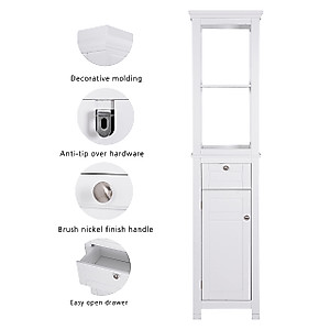 Spirich Home Bathroom Freestanding Storage Cabinet with Two Tier Open Shelves, Tall Slim Cabinet with Door and Drawer, Floor Linen Tower (White)
