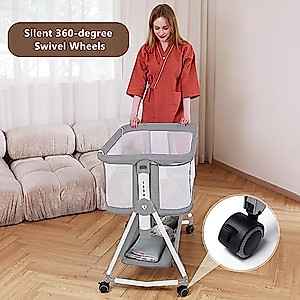 zebrater Baby Bassinet Bedside Sleeper with Storage Basket and Wheels,All Mesh Bedside Bassinet for Baby,7 Adjustable Height Portable Bedside Crib Co Sleeper for Newborn/Infant(3 in 1,Grey)