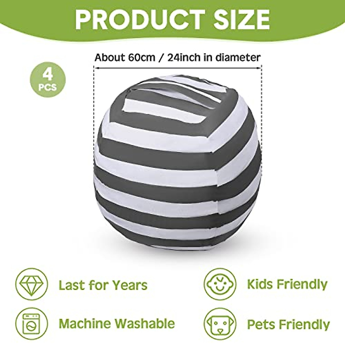 4 Pieces Bean Bag Chair Cover Stuffed Animal Storage 23.62 x 23.62 x 23.62 Inch Stuffable Zipper Beanbag Canvas Stuffed Animal Organizer for Organizing Kid's Plush Toys Adult's Room, White and Gray