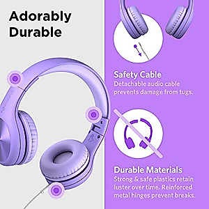 LilGadgets Connect+ Pro Kids Headphones Wired - Designed with Kids' Comfort in Mind, Foldable Over-Ear Headset with in-line Microphone, Toddler Headphones for Kids, Purple