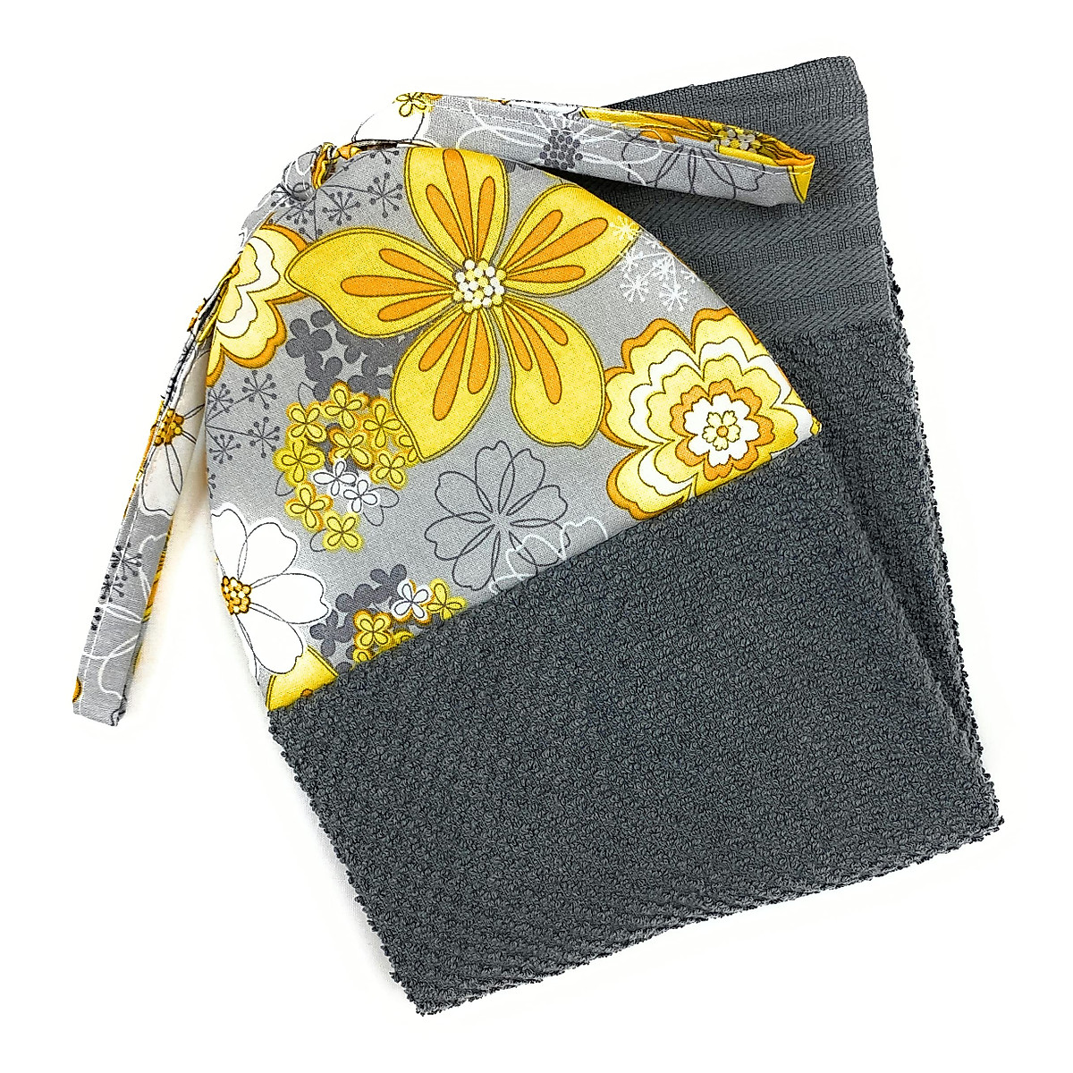White and Yellow Flowers on Grey Gray Ties On Stays Put Kitchen Hanging Loop Hand Dish Towel