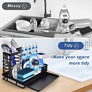 Teemuday Kitchen Sink Caddy, Dry Sink Organizer Drain Rack, Stainless Steel Sponge Holder With Water Tray, Kitchen Counter Storage For Soap, Sponge, Scrubber Brush,Dishes,Bottle Brush
