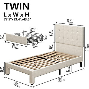 LIKIMIO Twin Bed Frame with XL Under-Bed Drawer, Velvet Upholstered Platform Bed Frame with Headboard, No Box Spring Needed/Noise-Free, Beige