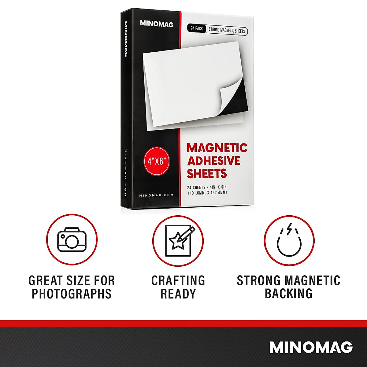 Minomag 4x6 inch Magnetic Adhesive Sheets 24 Pack | Strong Magnetic Sheets with Adhesive Backing for Refrigerator Photo Magnets and Save The Date Magnets