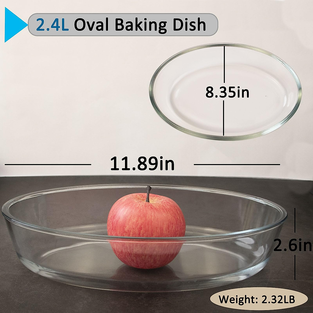 2.4L Glass Baking Dish for Oven, Borosilicate Glass Casserole Dish, Oval Oven Safe Glass Baking Pan