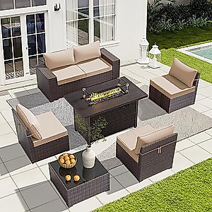 Grezone Patio Outdoor Furniture Sets with Fire Pit Table 7 Piece All Weather Wicker Conversation Sectional Sofa Couch Lawn Sectional Furniture with Washable Couch Cushions and Wicker Table, Beige