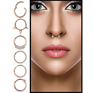 SCERRING 6PCS 16G Stainless Steel Hinged Clicker Segment Septum Nose Lip Ring Hoop Cartilage Tragus Sleeper Earrings Body Piercing Jewelry Braided 10mm Rose Gold