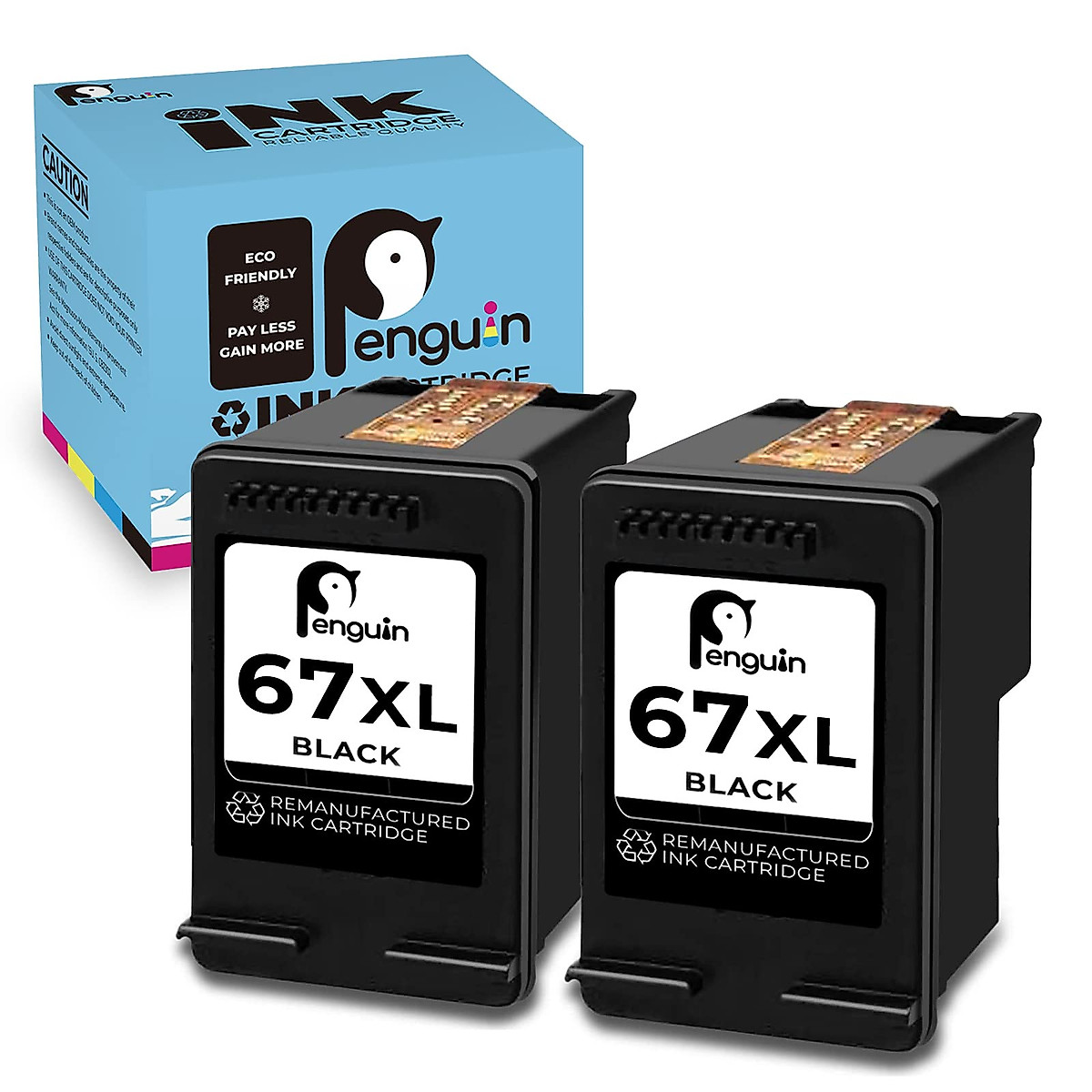 Penguin Remanufactured Printer Ink Cartridge Replacement for HP 67 XL 67XL (2 Black) for Envy 6052, Envy Pro 6055 6455e 6055e 6452 DeskJet 2755e 2752 DeskJet Plus 4140, 4152, 4155, 4158