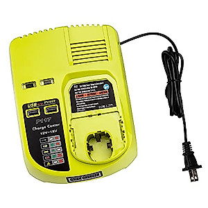 WaxPar P117 18V One+ Dual Chemistry Fast Battery Charger Compatible with Ryobi 12V-18V Max Battery P117 P118, Compatible with Ryobi ONE+ Lithium-Ion Ni-Cd Ni-Mh Battery P200 P102 with 2 USB Ports