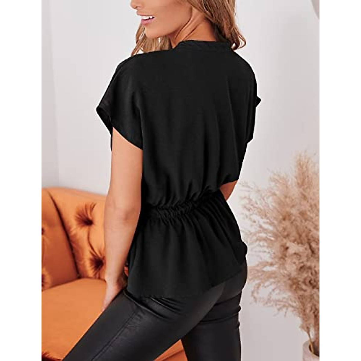 Womens Button Down Blouses Casual Peplum Summer Tops Dressy Chiffon Work Blouse Black
