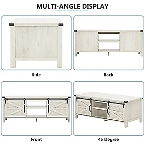 HOMFAMILIA Farmhouse Coffee Table with Sliding Barn Doors & Storage, White Rustic Wooden Center Rectangular Tables w/Adjustable Cabinet Shelves, for Bedroom, Home Office, Living Room