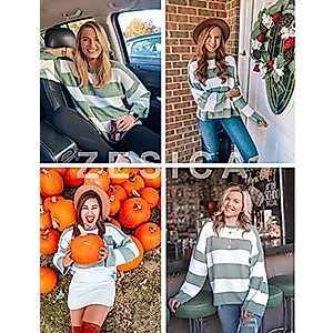 ZESICA Women's 2023 Fall Long Sleeve Crew Neck Striped Color Block Comfy Loose Oversized Knitted Pullover Sweater,Green,Small