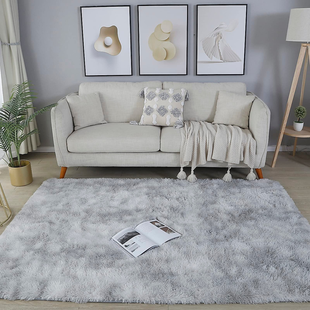 GERBIT Shag Area Rug 9x12 Feet Soft Indoor Rectangular Rugs Carpet Modern Luxury Plush Rugs for Living Room Home Decor Tie-Dyed Light Gray