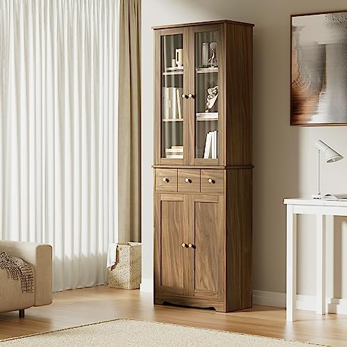 Display Cabinet with Glass Doors and Adjustable Shelves,3-Tier Home Office Bookshelf with Storage Drawers, Freestanding Storage Cabinet for Office Bedroom Dining Living Room（Natural Wood）