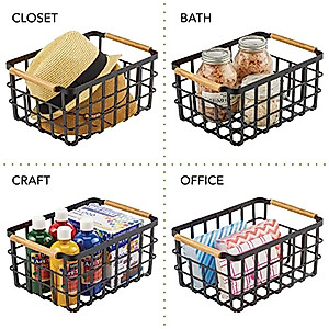 mDesign Metal Wire Food Organizer Storage Bin Basket with Bamboo Handles for Kitchen Cabinets/Pantry Organizing - Farmhouse Decor - Yami Collection - Matte Black/Natural